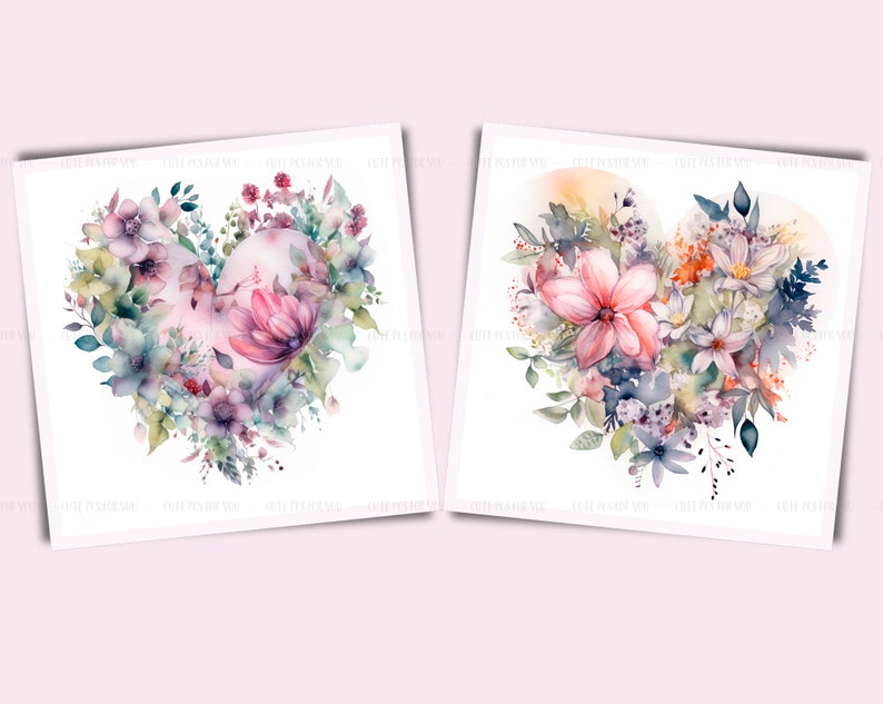Watercolor Floral Hearts Clipart Flowers Graphics Digital - Etsy