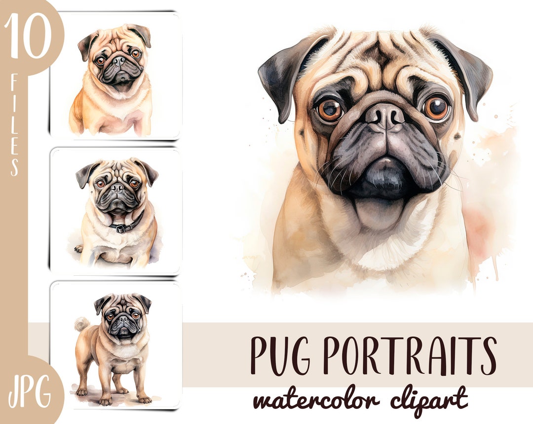 Watercolor Pugs Clipart - Cute Pug Dog Digital Paper - Portrait of a ...