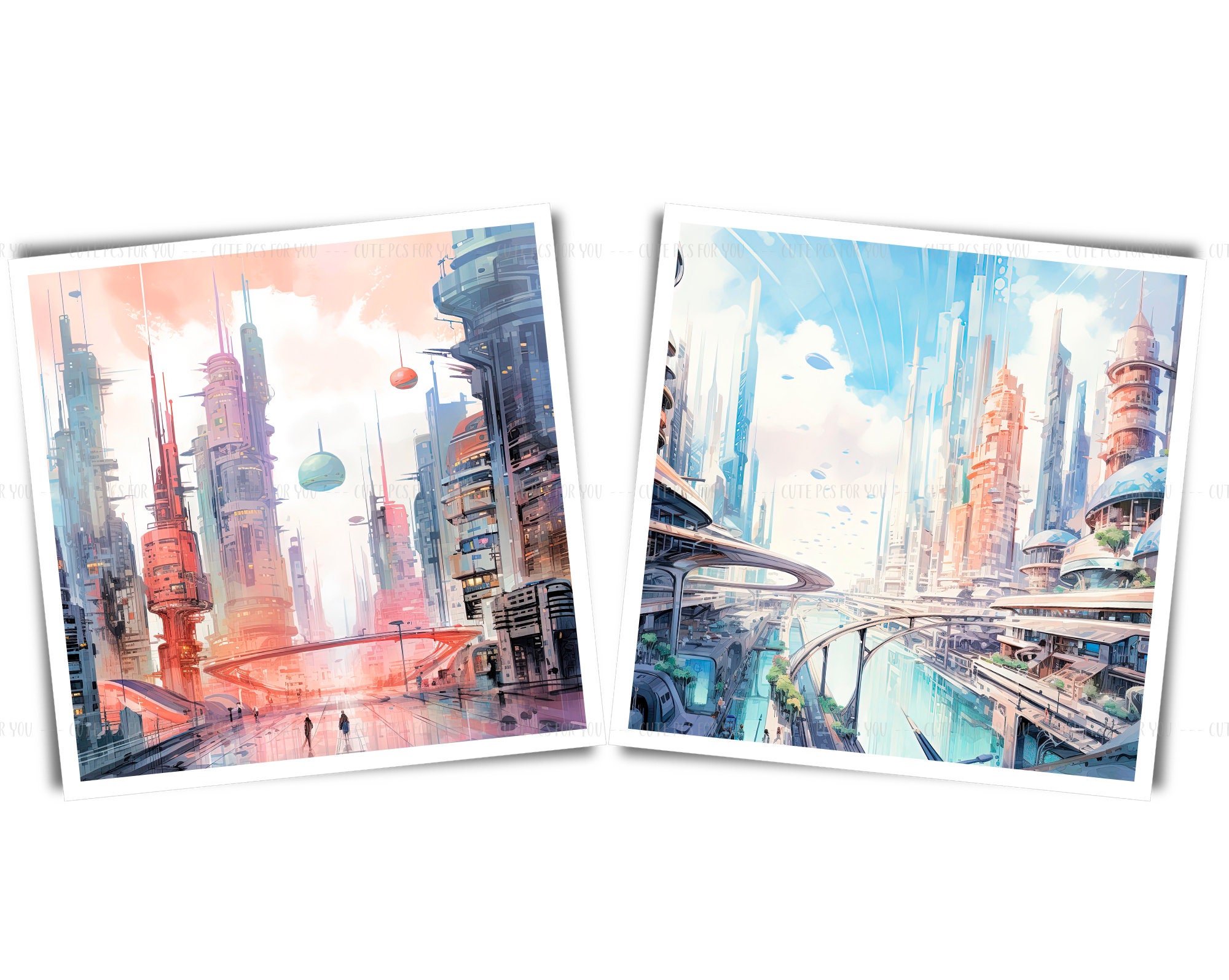 Watercolor Futuristic City Clipart the City of the Future - Etsy