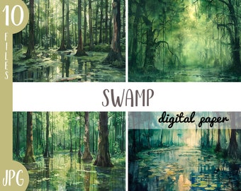 Watercolor Wetlands Grass Swamp Clipart Scenes, Fantasy Nature Digital ...