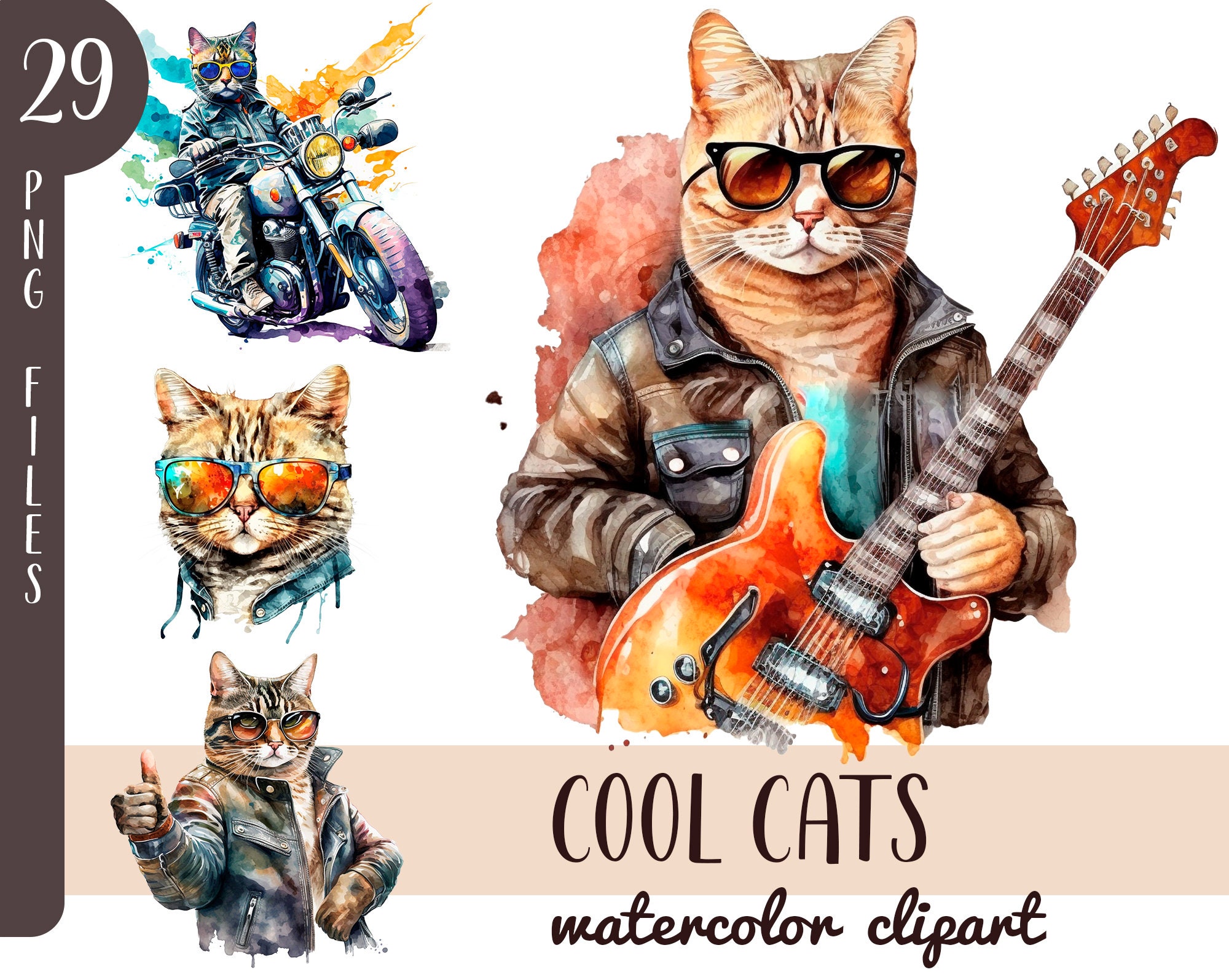 Watercolor Cool Cats Clipart-humanized Cat in a Leather - Etsy