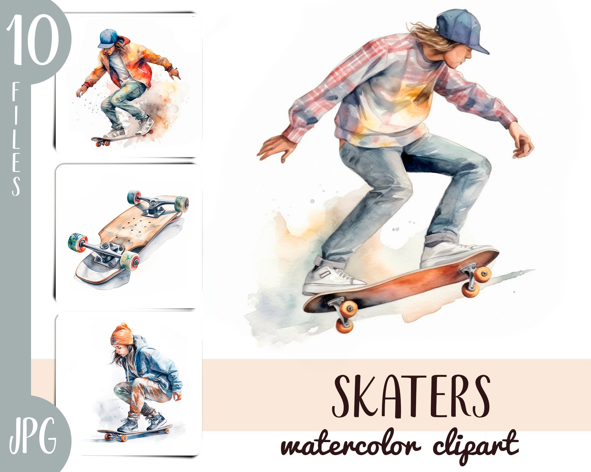 Watercolor Skaters Clipart Skateboarding Digital Paper Skateboard ...