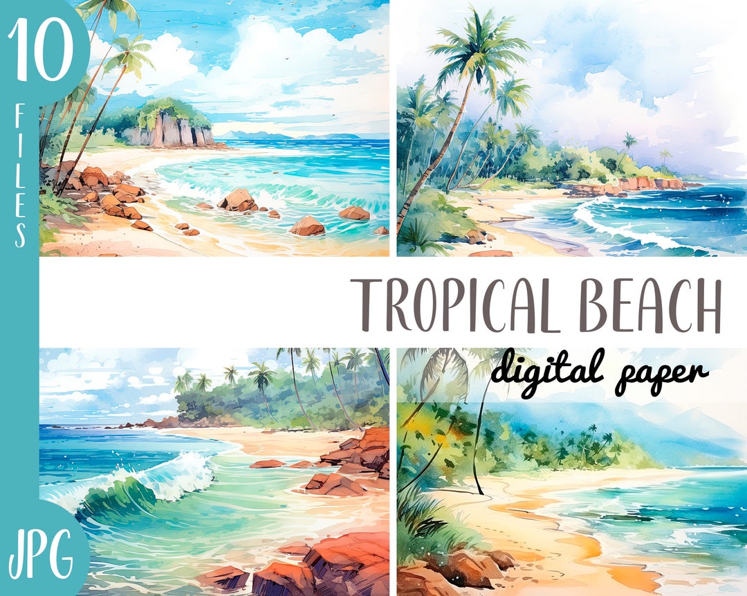 Watercolor Tropical Beach Clipart - Ocean Coast - Vacation by the Sea ...