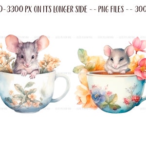 Watercolor Mice in Cups Clipart- Cute Rat and Mug Digital Illustration-floral Arrangement ...
