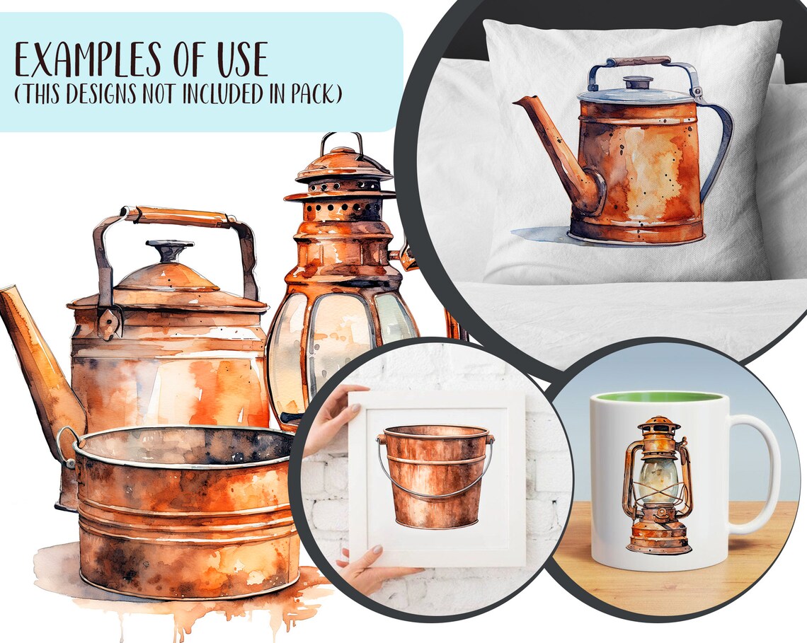 Watercolor Rusty Objects Clipart: Vintage Lantern, Buckets (PNG) - Etsy
