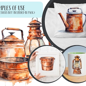 Watercolor Rusty Objects Clipart: Vintage Lantern, Buckets (PNG) - Etsy