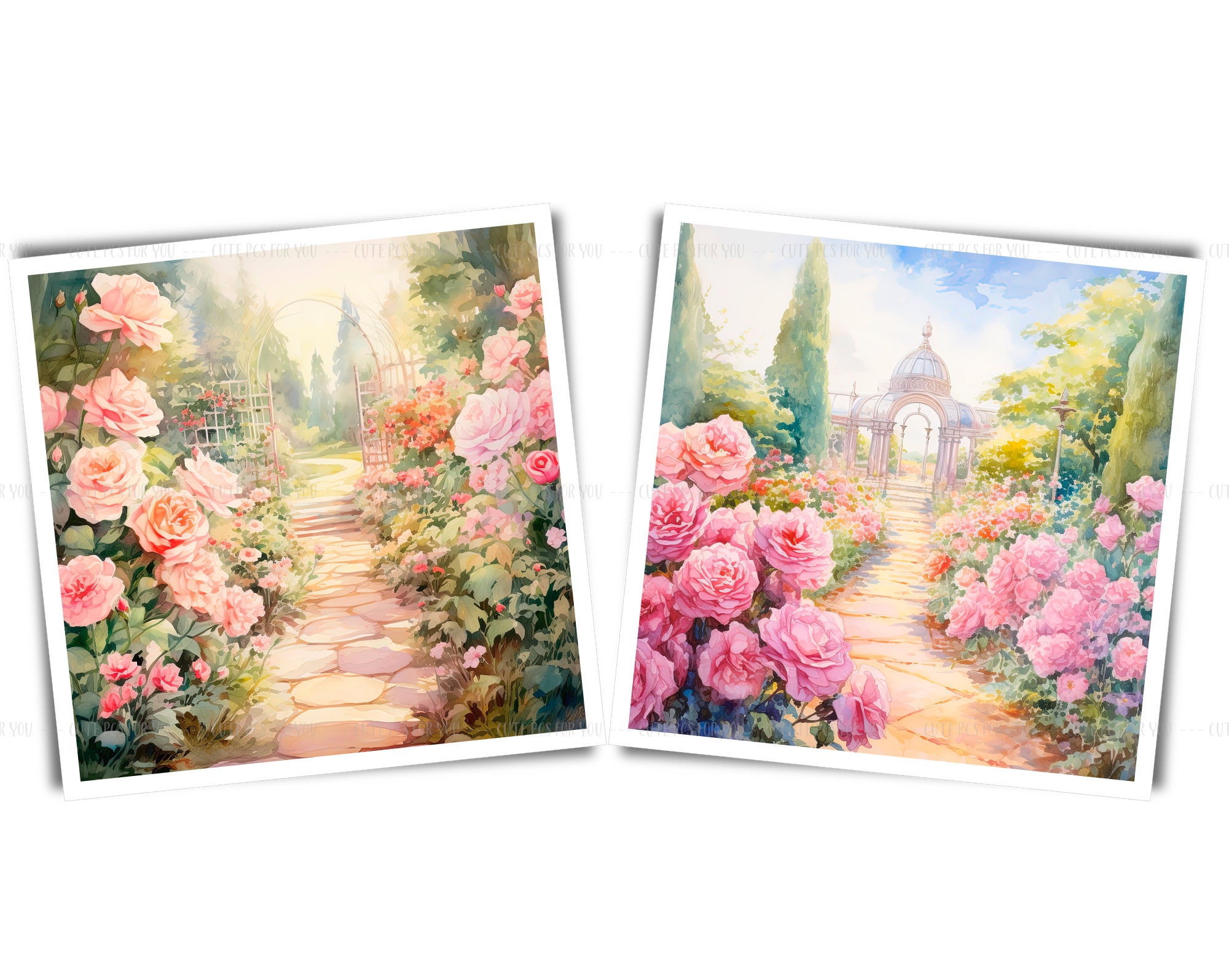 Watercolor Rose Garden Clipart Garden With Roses Digital - Etsy