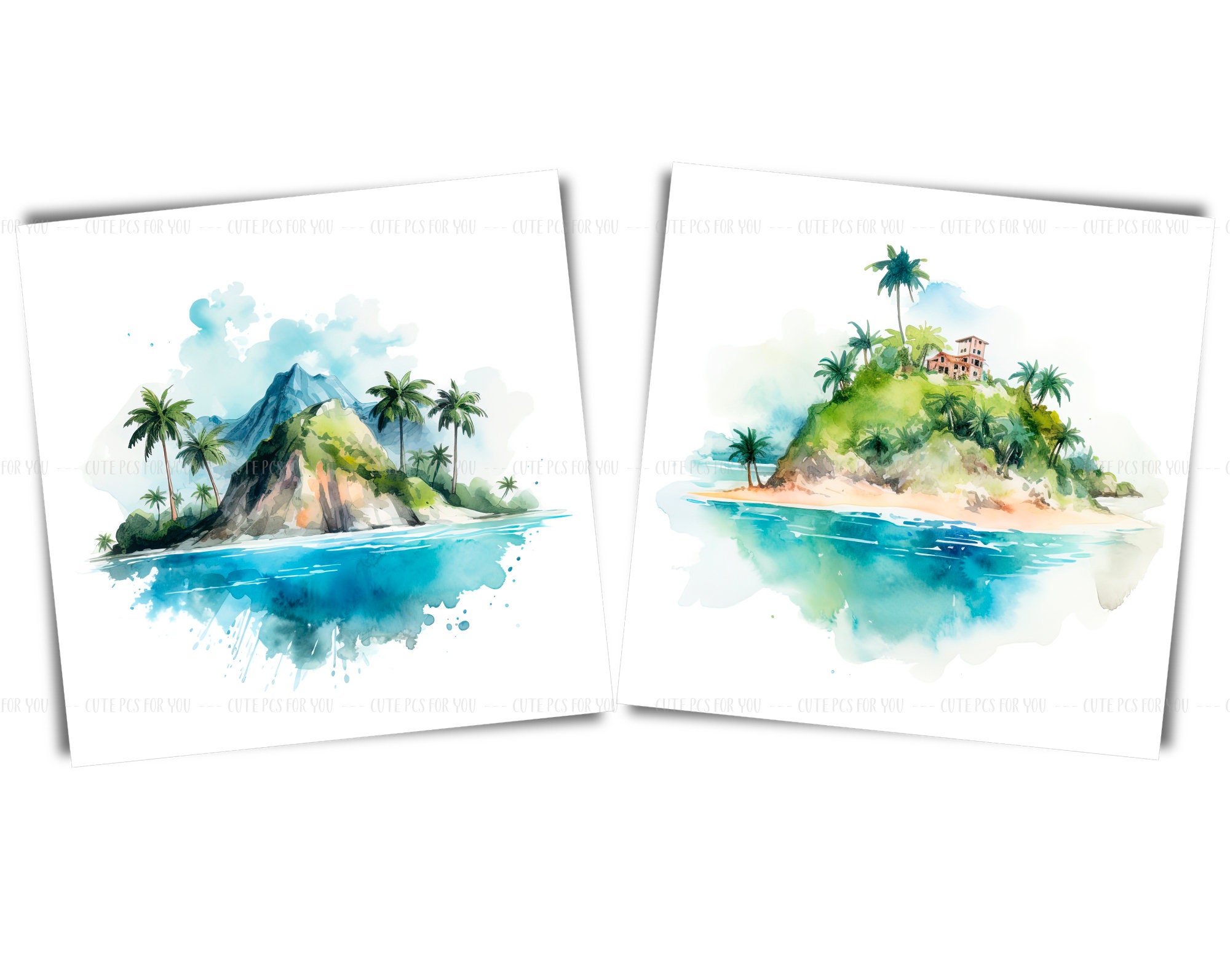 Watercolor Tropical Island Clipart Ocean Coast vacation by - Etsy