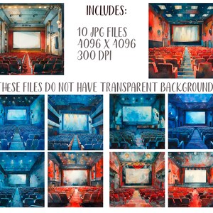 Watercolor Cinema Interior Clipart Movie Theater Digital Paper Hall ...