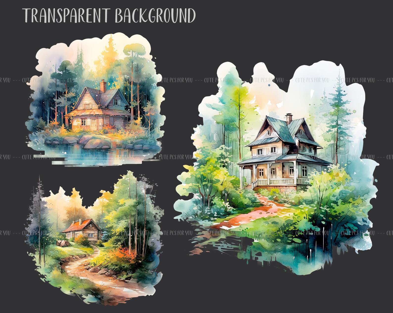 Watercolor House in the Forest Clipart Forest Hut Digital - Etsy