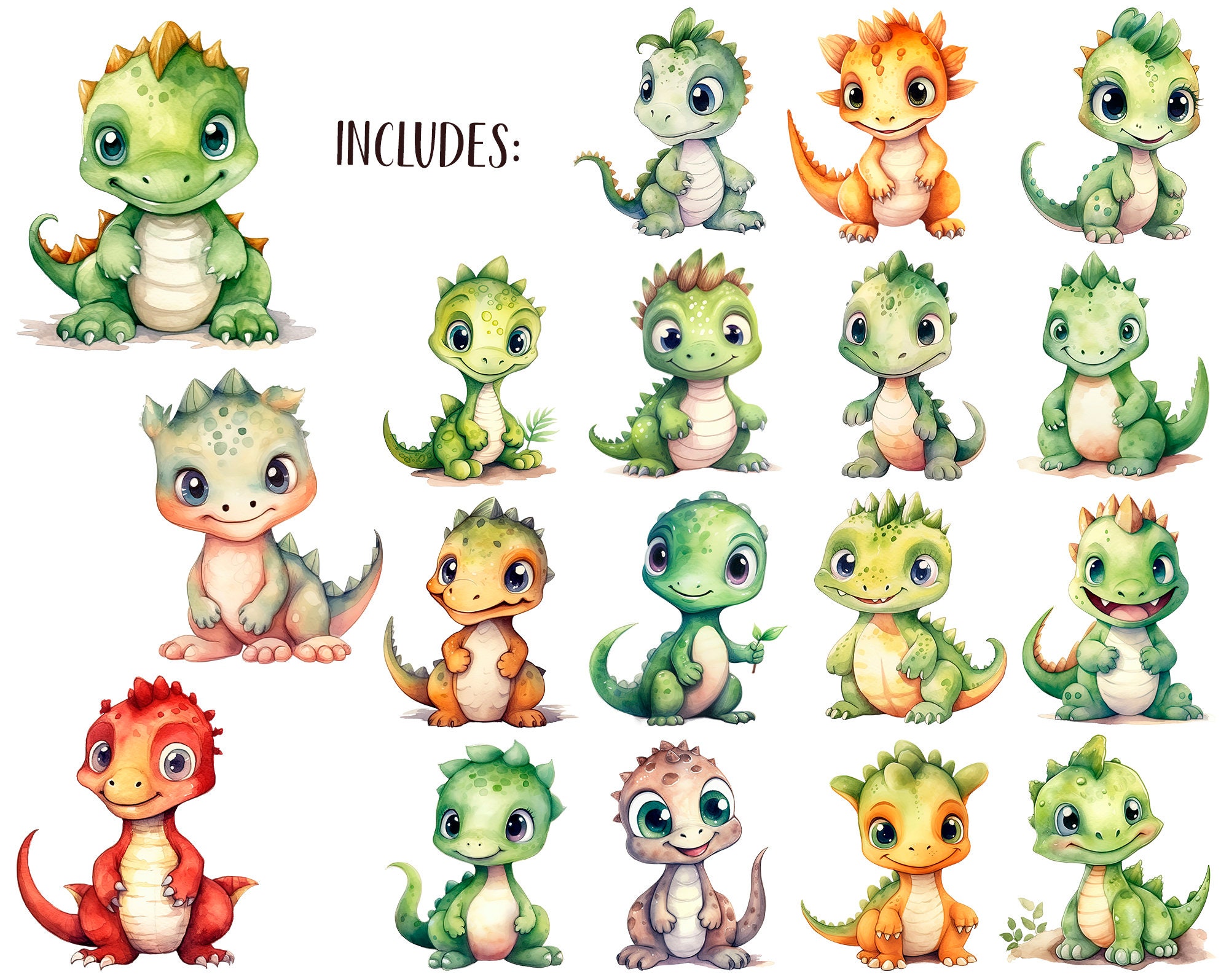 Watercolor Cute Dinosaurs Clipart Funny Cartoon Characters - Etsy
