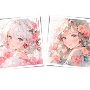 Watercolor Rose Girl Anime Clipart - Pink, Blush Roses Digital Paper ...