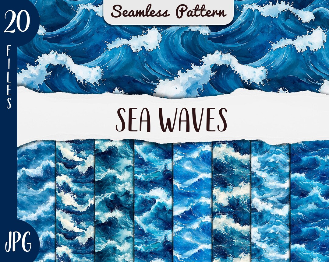 Watercolor Sea Waves Seamless Pattern Cartoon Ocean Wave Digital Paper ...