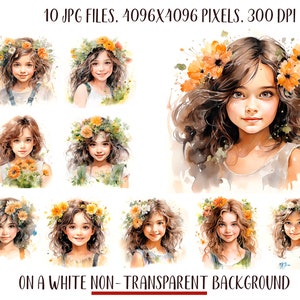 Watercolor Floral Girls Clipart: Bouquet Illustrations (digital ...