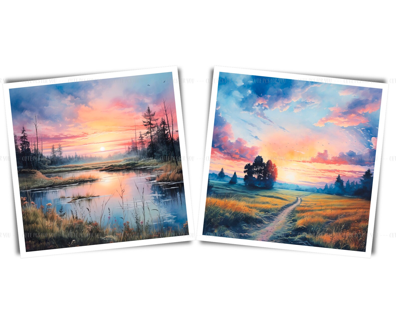 Watercolor Landscapes With Dawn Clipart Sunrise Digital Paper Nature ...