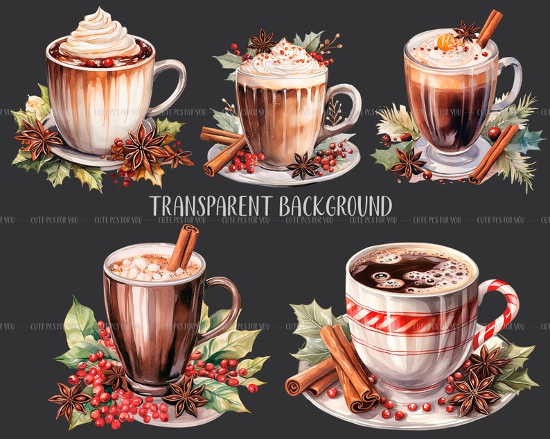 Watercolor Christmas Hot Drinks Clipart: Coffee, Tea (PNG) - Etsy
