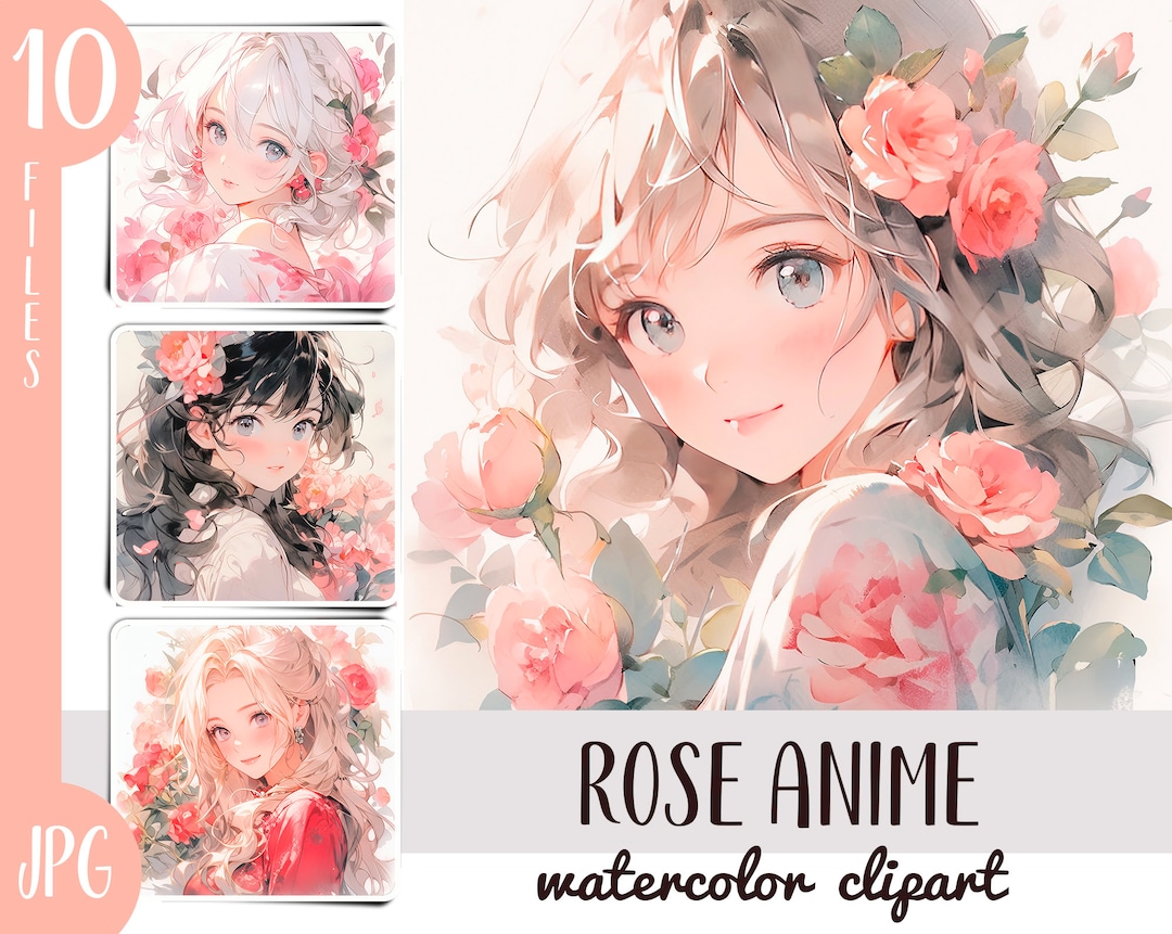 Watercolor Rose Girl Anime Clipart - Pink, Blush Roses Digital Paper ...