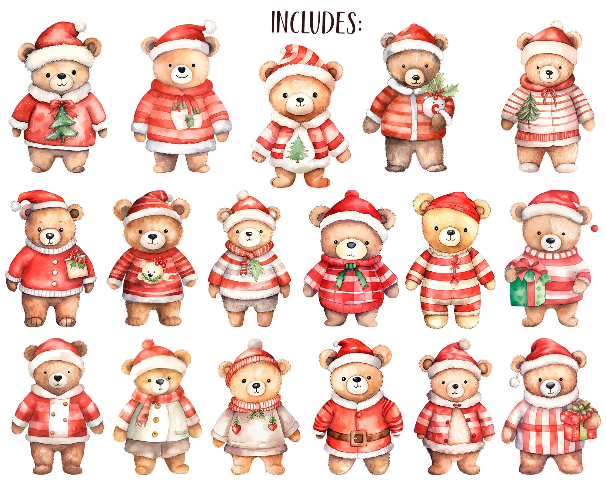 Watercolor Christmas Bears Clipart Teddy Bears Illustration - Etsy