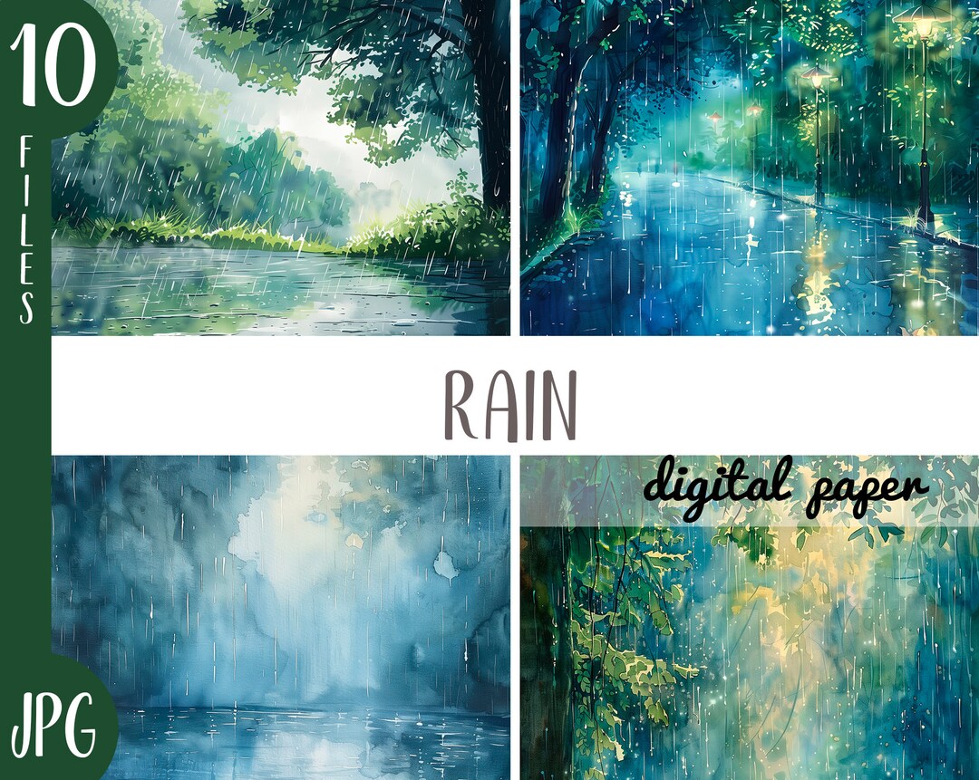 Watercolor Summer Rain Clipart - Rainy Weather Graphic -green Nature ...
