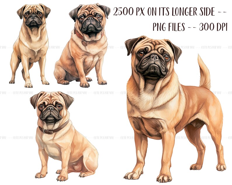 Watercolor Pugs Clipart - Cute Pug Dog Digital Paper - Portrait of a ...