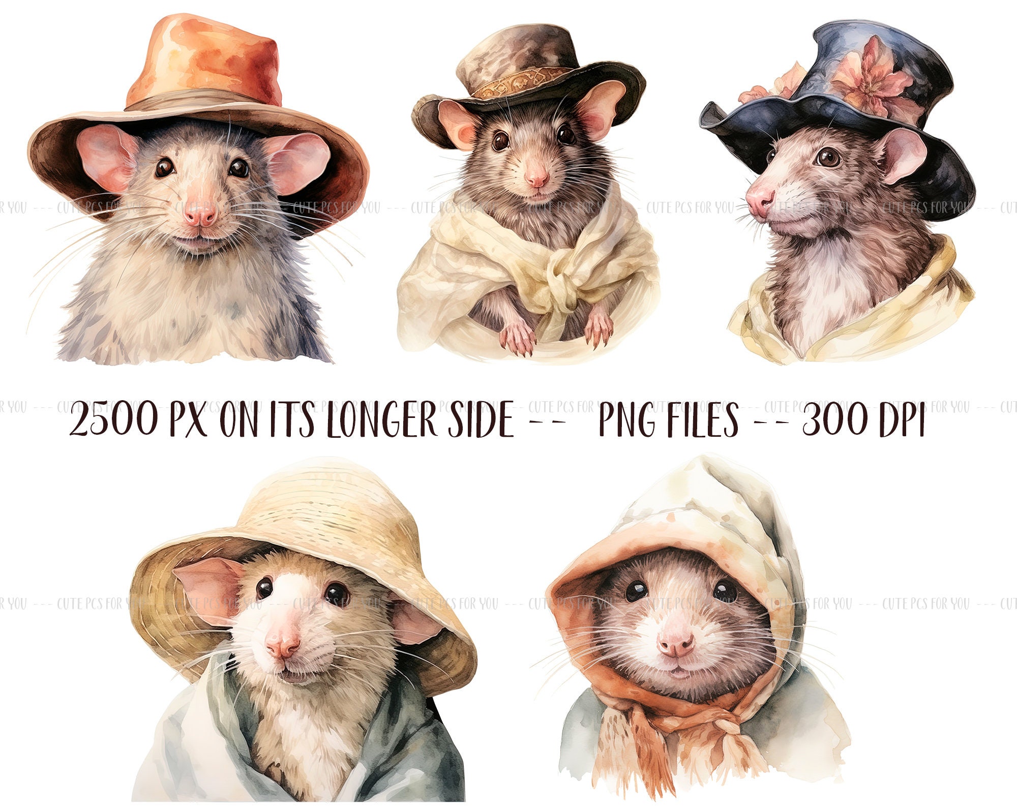 Watercolor Funny Rats Clipart Cute Mice In Funny Hat Digital