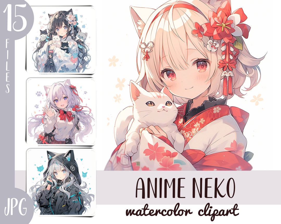 Watercolor Anime Neko Clipart - Cat Girl Digital Paper - Delicate ...
