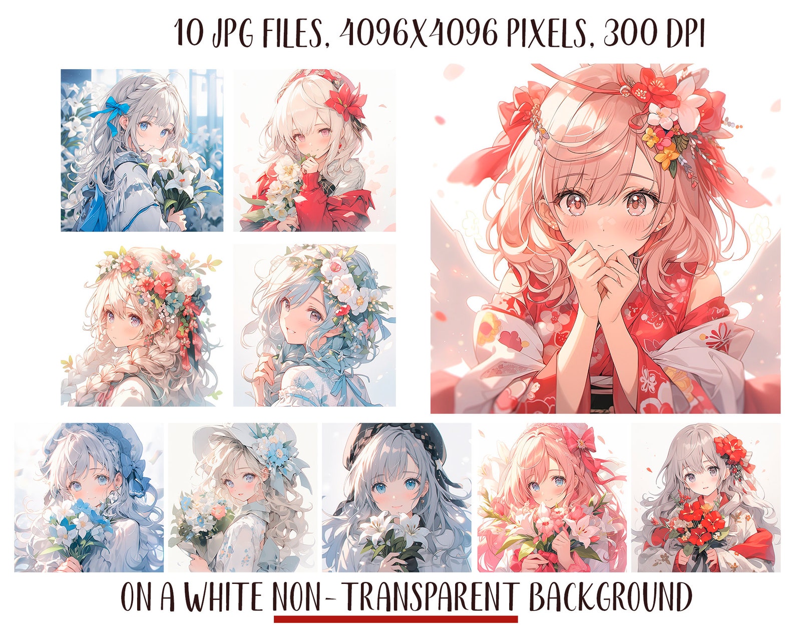 Watercolor Floral Anime Clipart Cute Girl With Flowers - Etsy