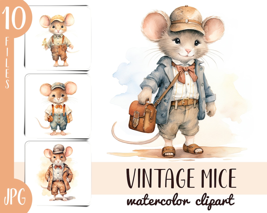 Watercolor Vintage Mice Clipart - Retro Mouse Digital Paper - Fairy ...