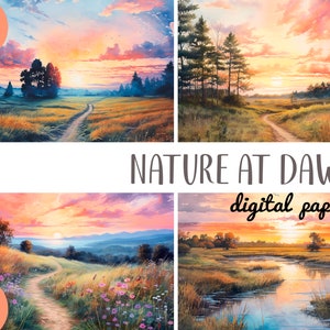 Watercolor Landscapes With Dawn Clipart Sunrise Digital Paper Nature ...