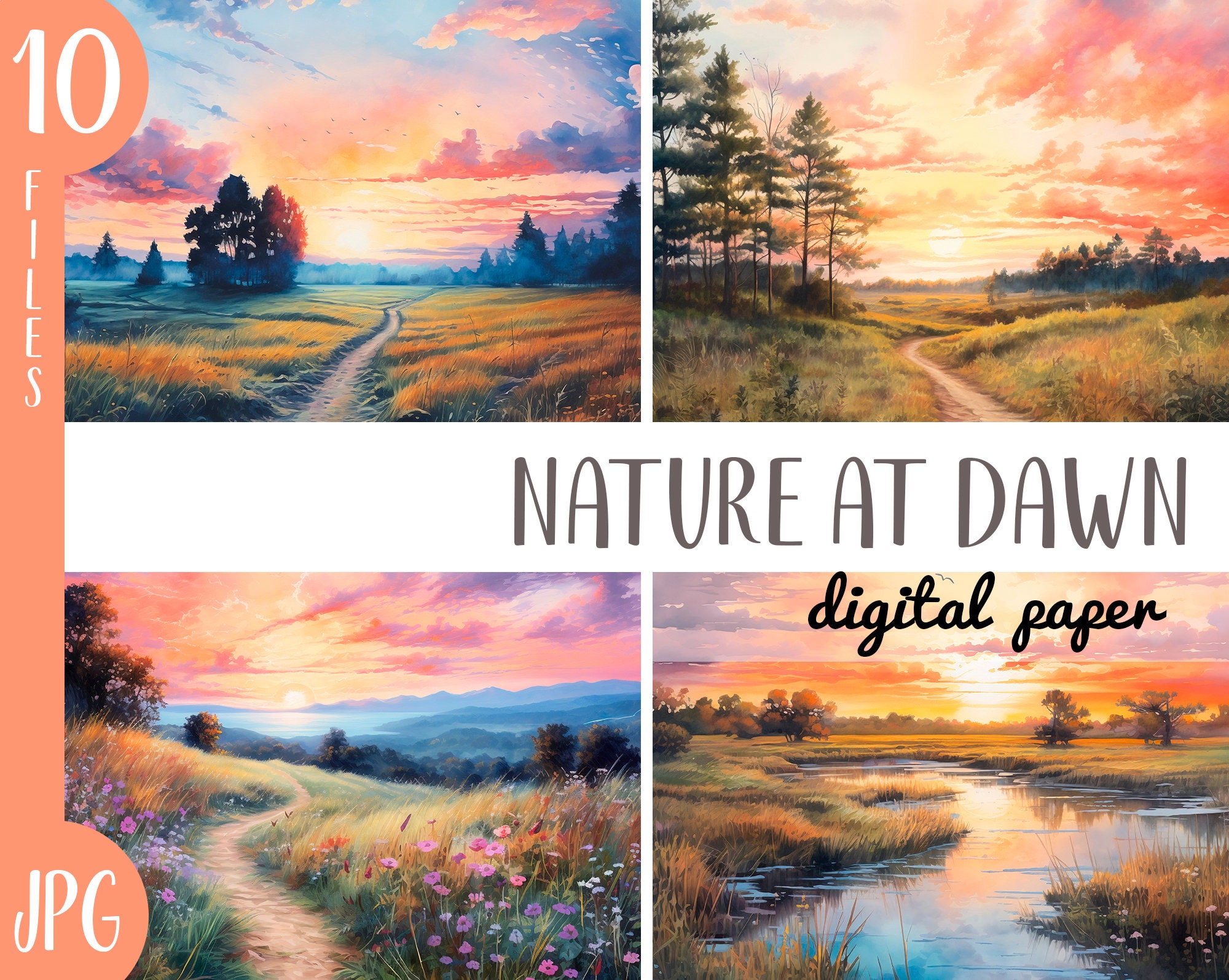 Watercolor Landscapes With Dawn Clipart Sunrise Digital Paper Nature ...