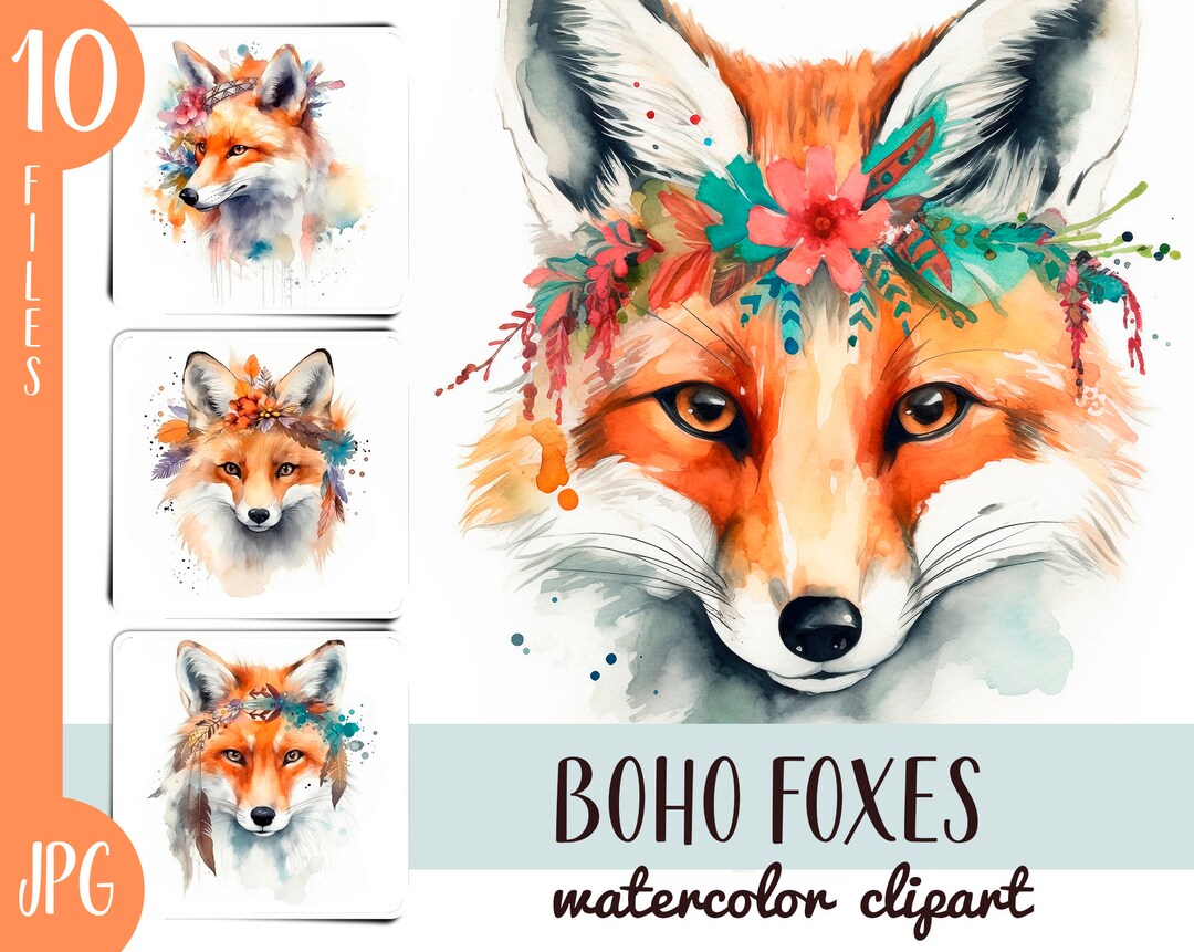 Watercolor Boho Foxes Clipart - Cute Fox Sublimation JPG - Delicate ...