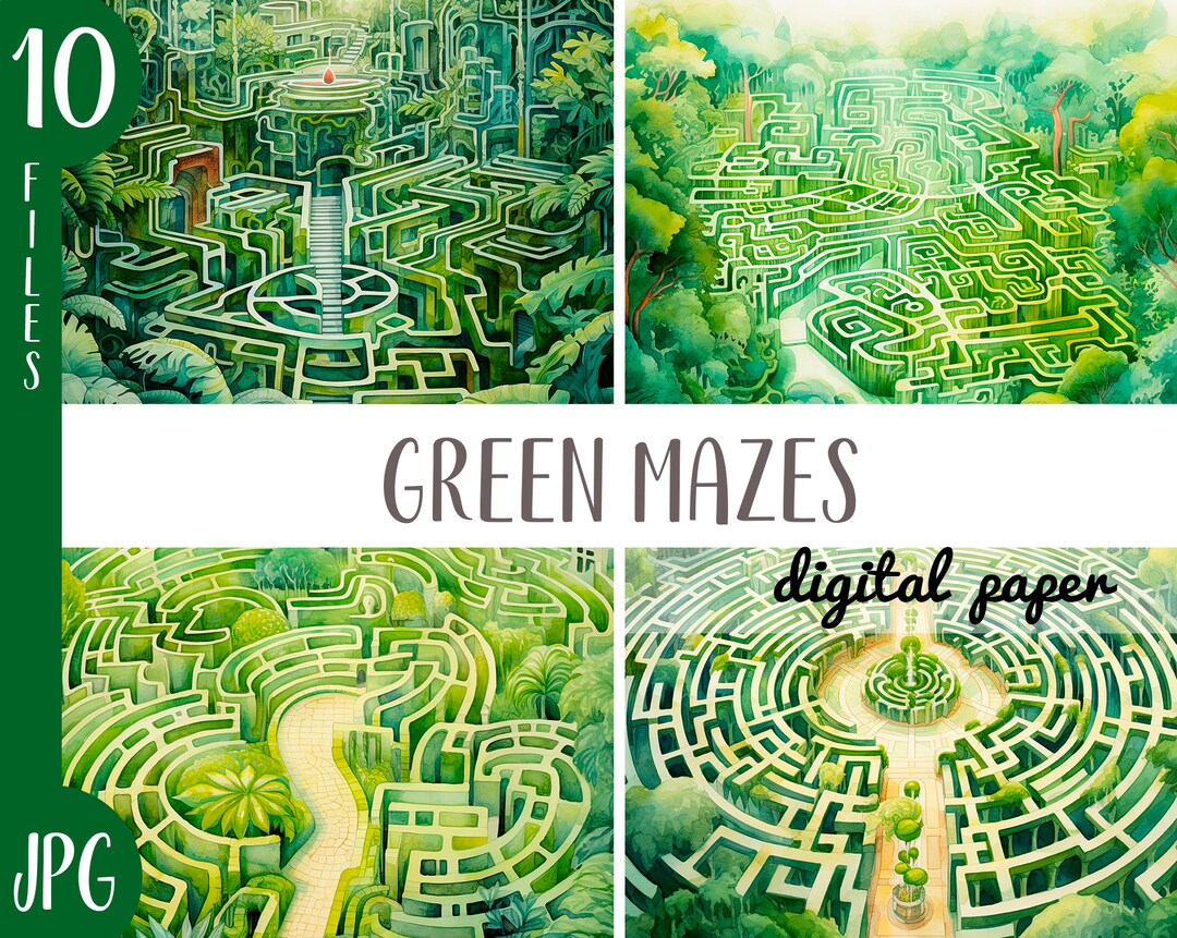 Watercolor Green Mazes Clipart - Green Background JPG - Garden With a ...