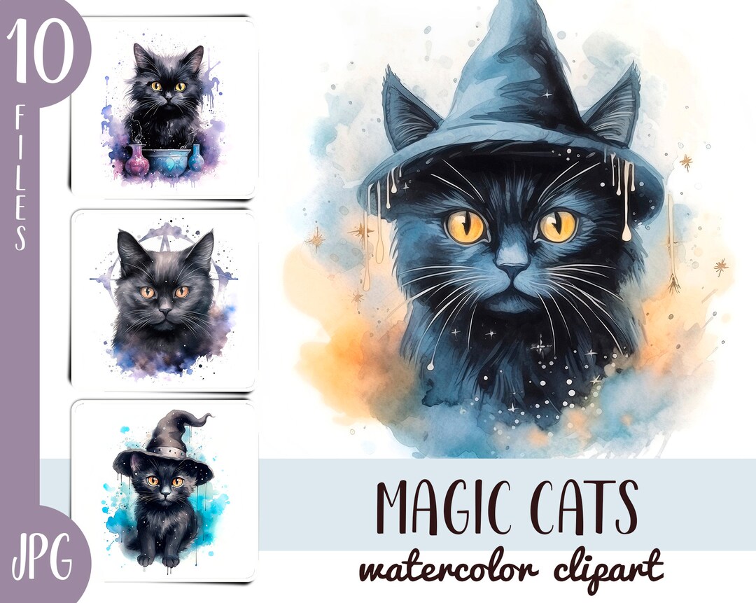 Watercolor Black Magic Cats Clipart -cute Cat in a Witch Hat Digital ...
