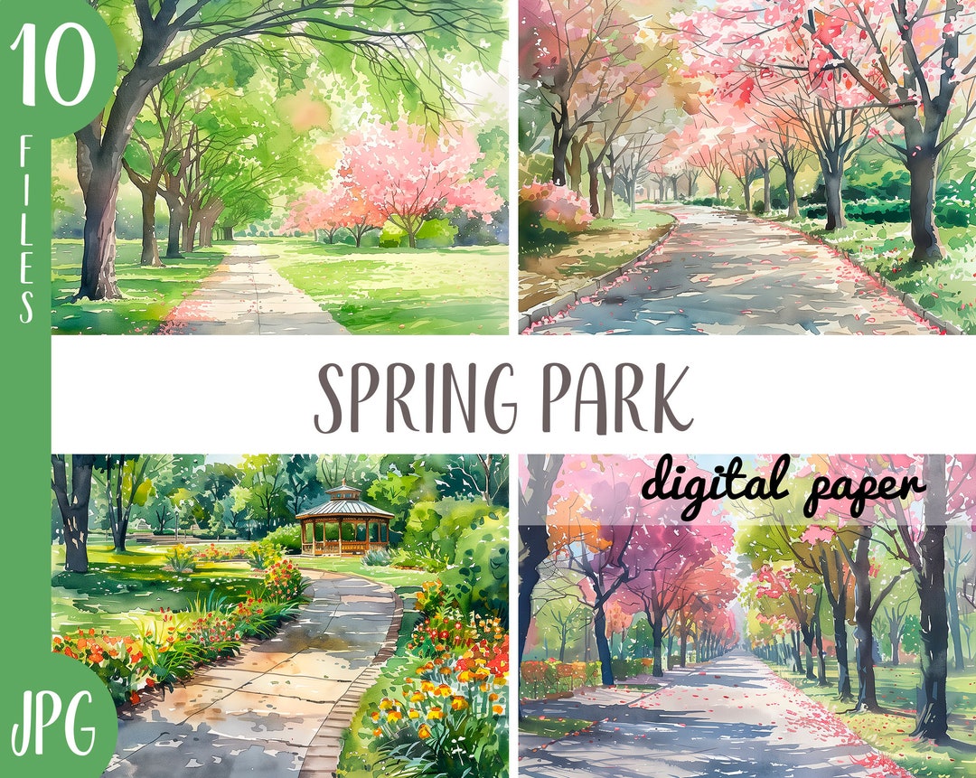 Watercolor Spring Park Clipart - Garden With Blossom Trees Digital ...