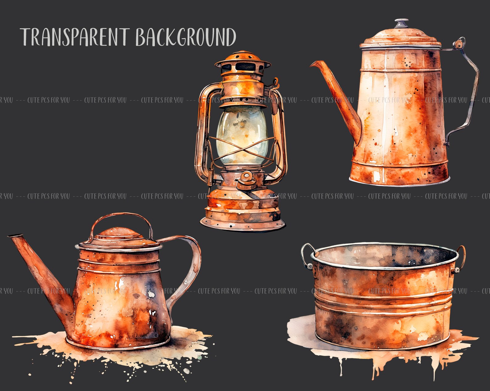 Watercolor Rusty Objects Clipart: Vintage Lantern, Buckets (PNG) - Etsy
