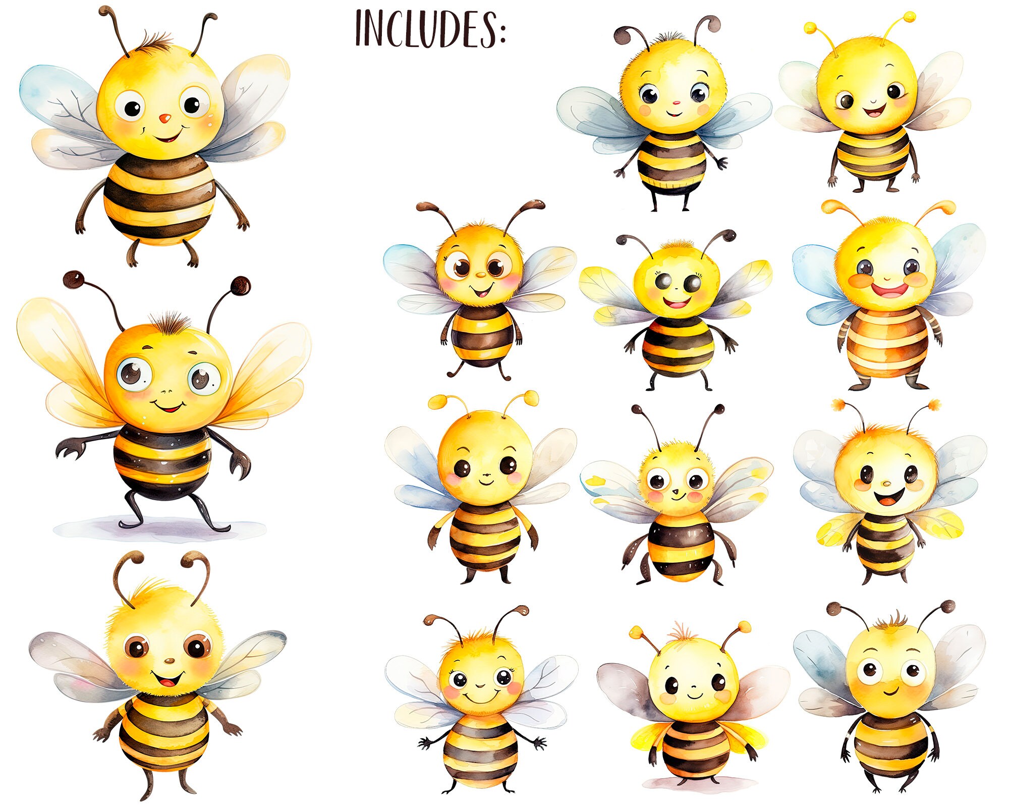 Watercolor Cute Bees Clipart - Cartoon Bee Graphics - Children's ...