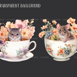 Watercolor Mice in Cups Clipart- Cute Rat and Mug Digital Illustration-floral Arrangement ...