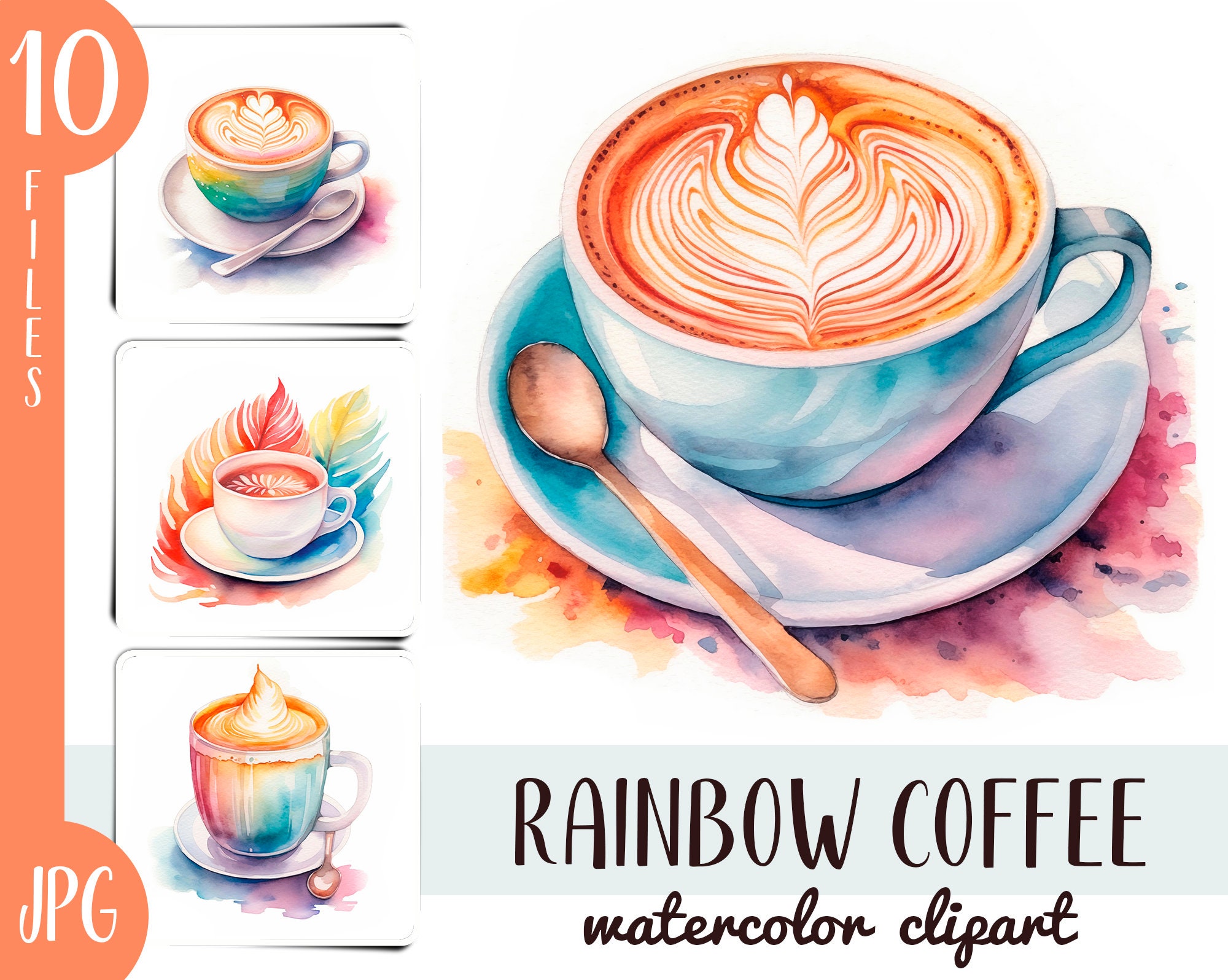 Watercolor Rainbow Coffee Clipart Positive Cappuccino - Etsy