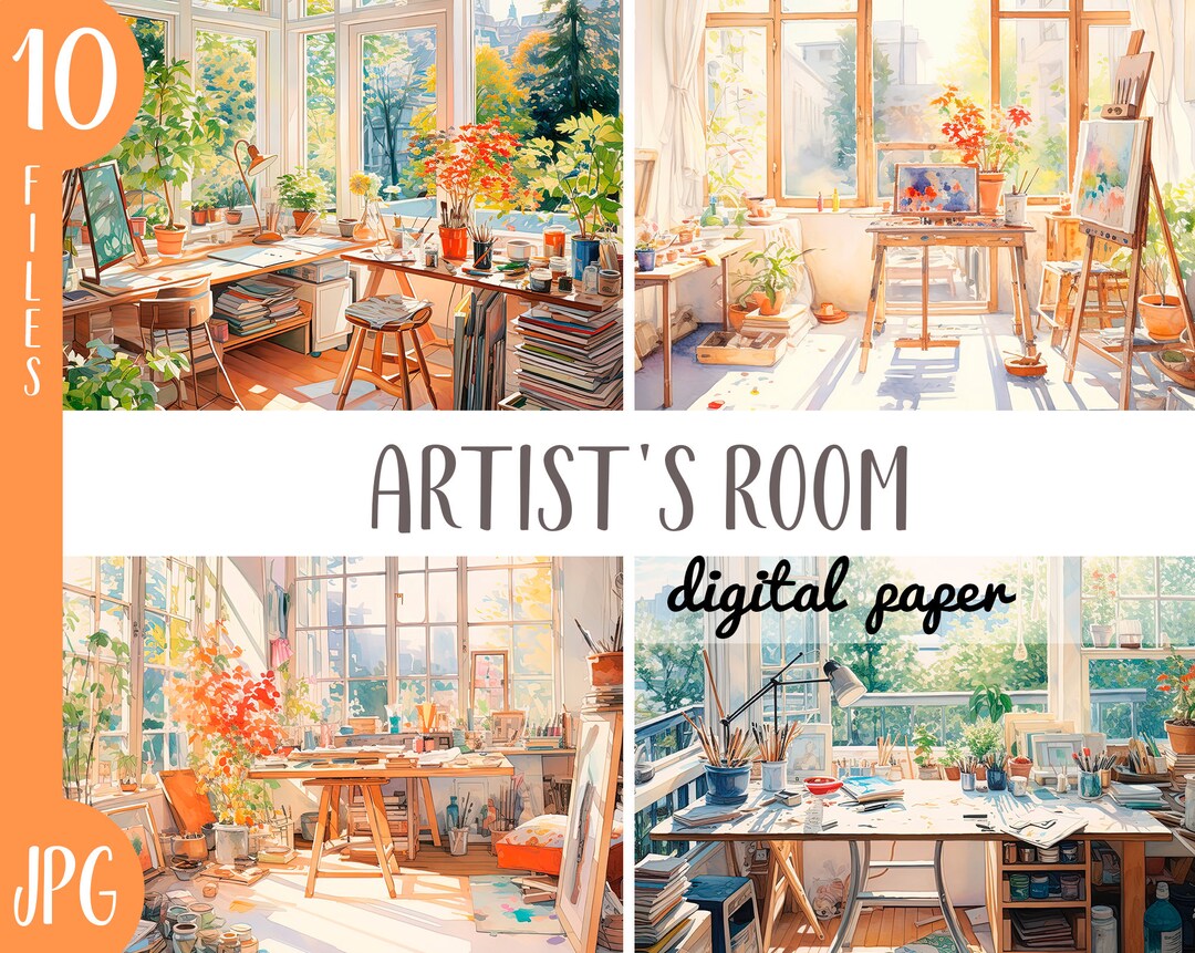 Watercolor Artist Room Clipart Table With Paint Brushes Digital Paper ...