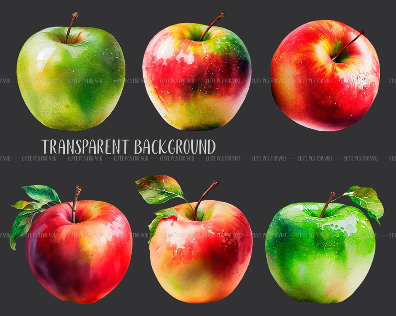 Watercolor Apple Clipart: Red, Green, Yellow Fruits (PNG Digital Art ...