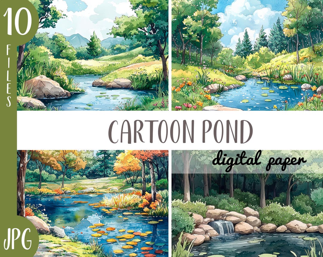 Watercolor Cartoon Pond Clipart: Forest Landscape JPG (digital Download ...