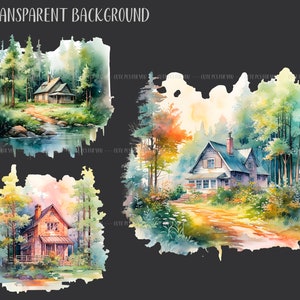 Watercolor House in the Forest Clipart - Forest Hut Digital Paper ...