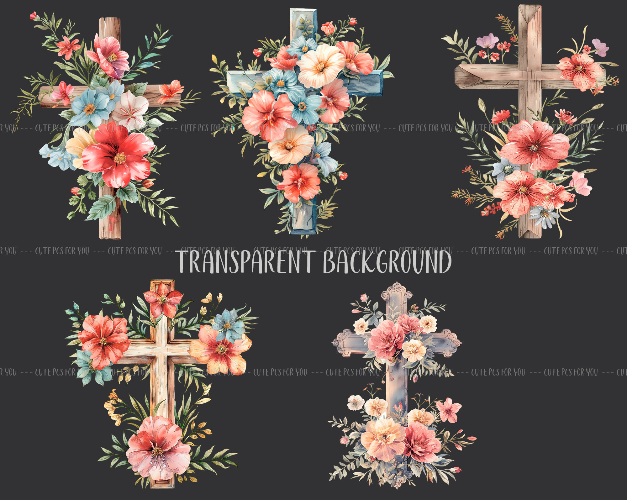 Watercolor Floral Crosses Clipart: Easter Baptism PNG (digital Download ...