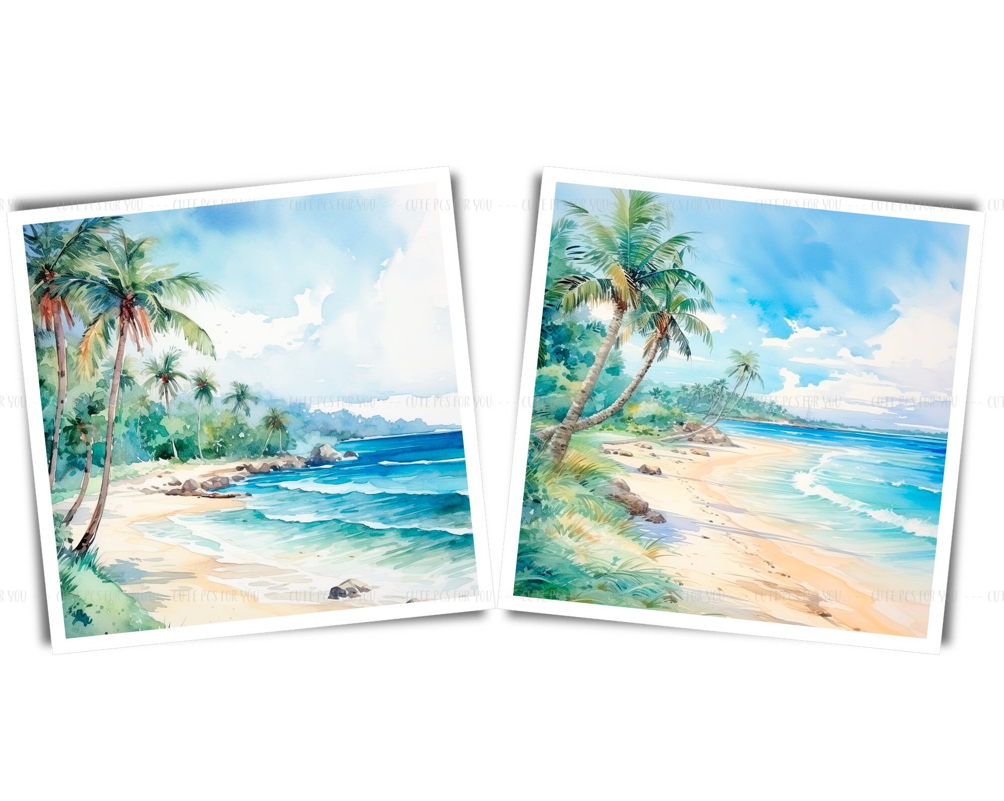 Watercolor Tropical Beach Clipart Ocean Coast Vacation by - Etsy