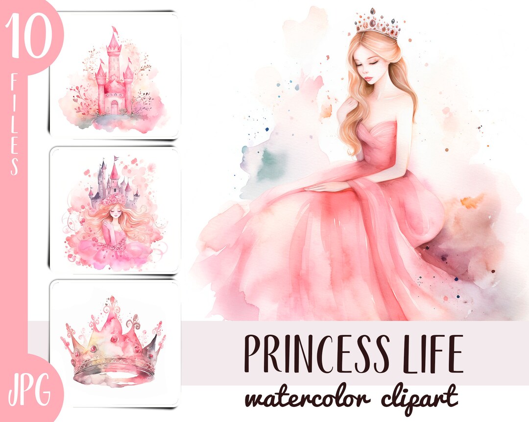 Watercolor Princess Clipart: Pink Castle, Crown, Carriage (JPG Digital ...