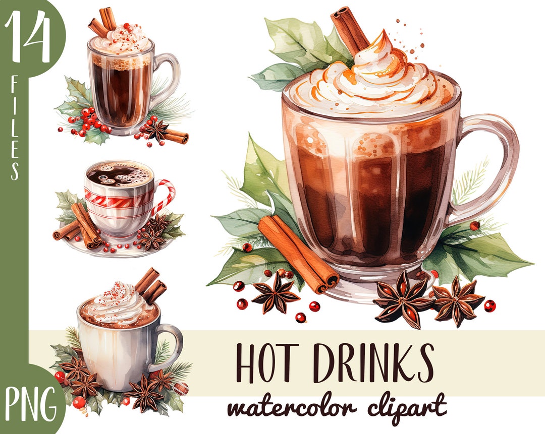 Watercolor Christmas Hot Drinks Clipart: Coffee, Tea (PNG) - Etsy