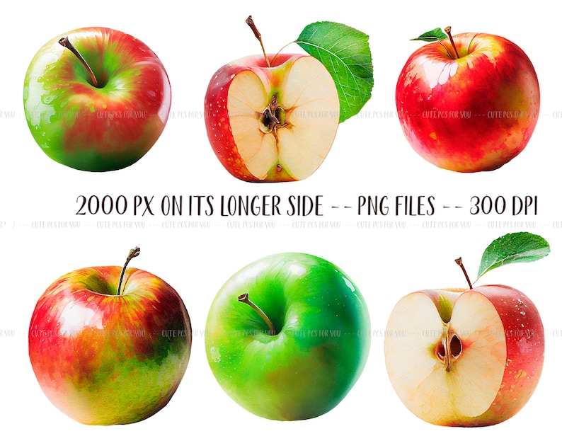 Watercolor Apple Clipart: Red, Green, Yellow Fruits (PNG Digital Art ...