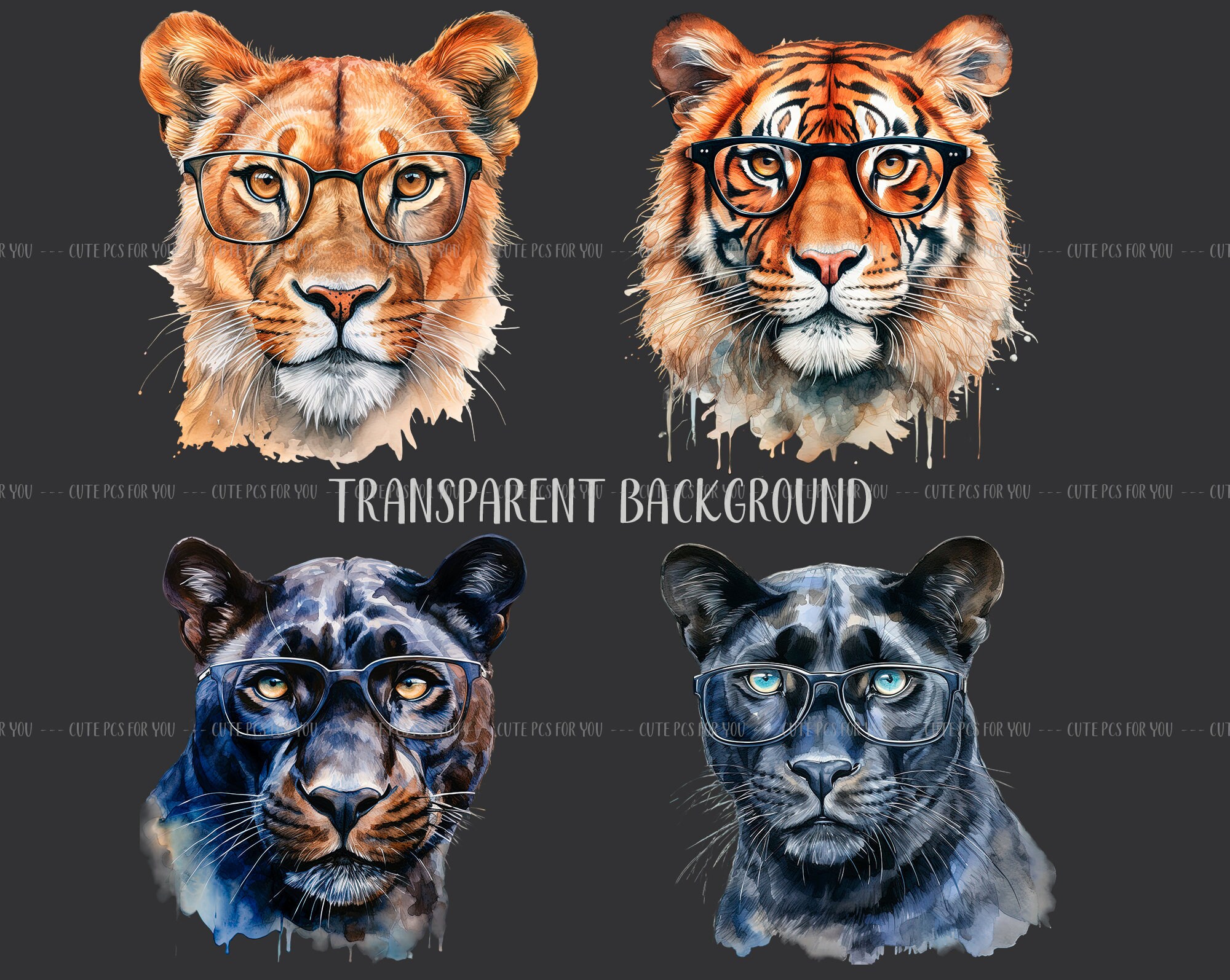 Watercolor Wild Cats in Glasses Clipart Realistic Big Cats - Etsy