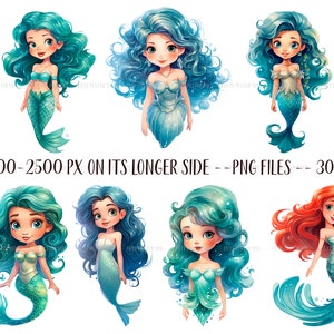 Watercolor Little Mermaids Clipart - Princess Mermaid PNG - Cute ...