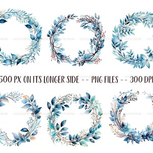 Watercolor Winter Wreaths Clipart Blue Botanical Frame PNG Twigs ...